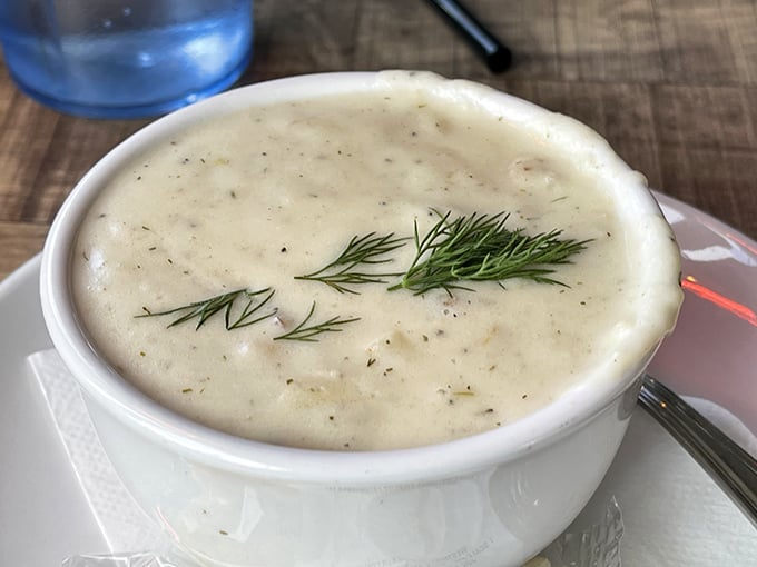 This isn't just chowder&mdash;it's a creamy bowl of maritime magic. That sprig of dill is like the perfect punchline to a delicious joke.