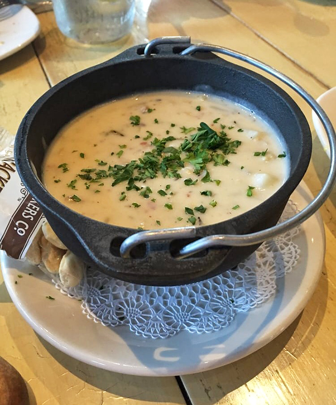 The clam chowder arrives in its own little cauldron, creamy and herb-flecked &ndash; New England comfort food that found a happy home in the Midwest.