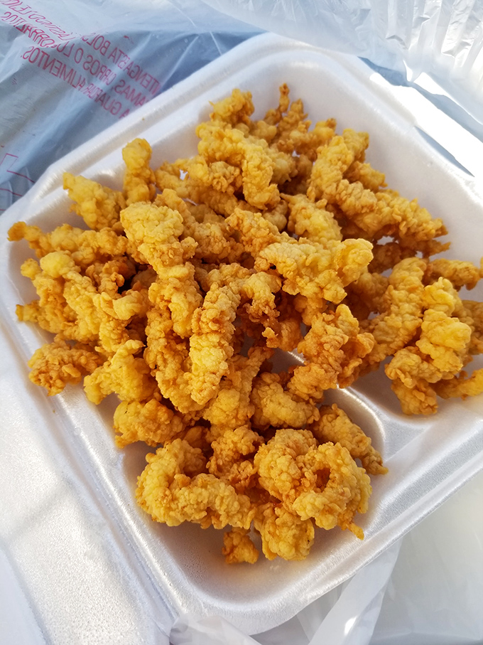 Golden clam strips that crunch like autumn leaves, except these leaves make you say "mmm" instead of "time to rake again."