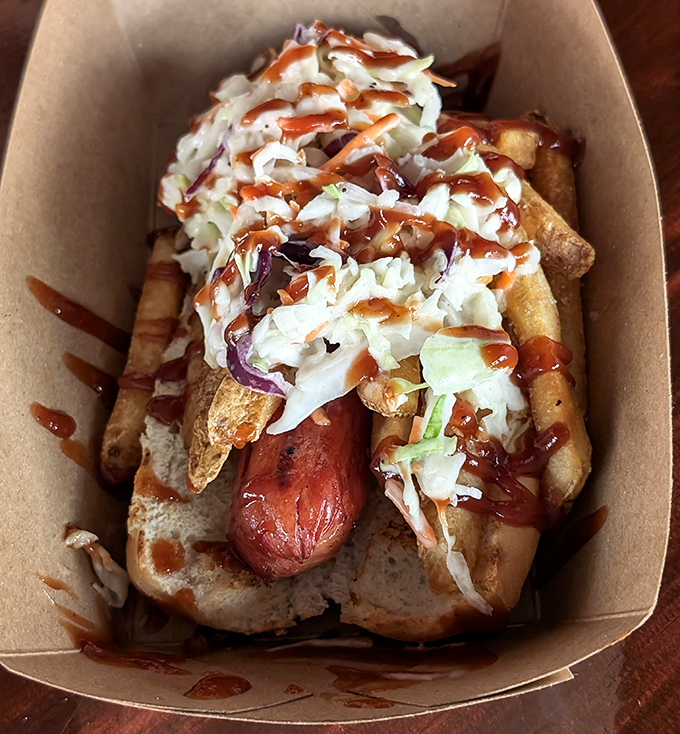 Cleveland's answer to Chicago's dog rivalry. Coleslaw, fries, and sauce piled high on a hot dog&mdash;a beautiful mess worth every napkin.