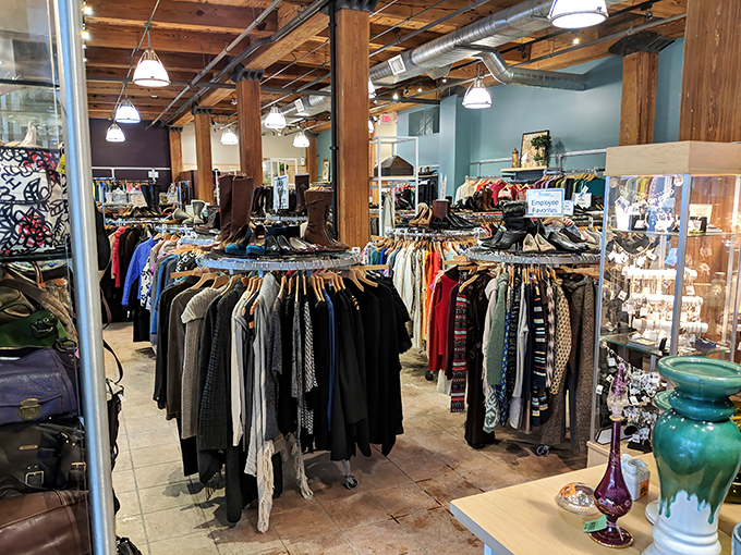 Clothing racks organized by type and color create a rainbow array that makes finding your size a breeze rather than a frustrating treasure hunt. 