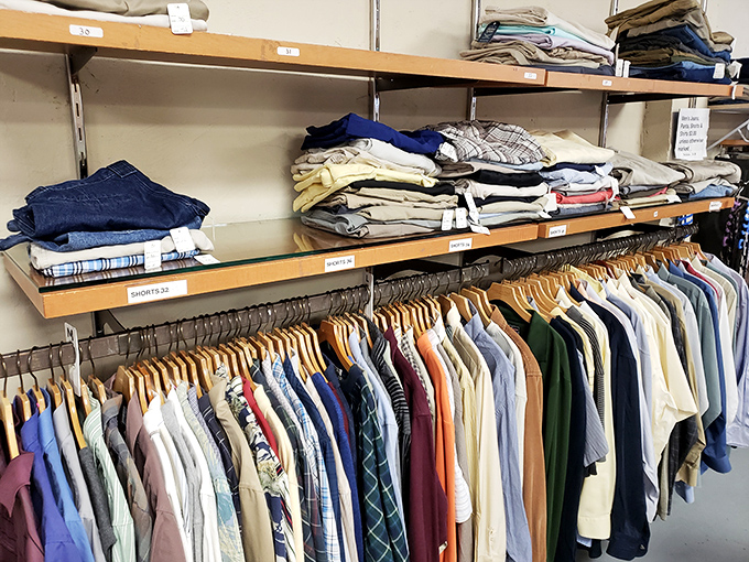 Men's clothing organized with military precision. Those $2 shirts will have you looking like a million bucks &ndash; or at least twenty-seven dollars.