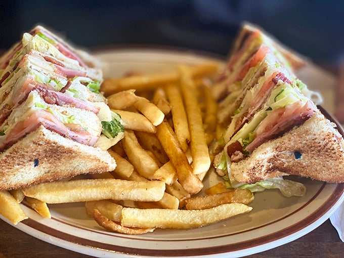 The club sandwich, stacked higher than my college debt, delivers the architectural wonder that makes triangular food superior.