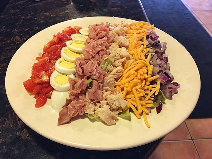 A Cobb salad arranged with military precision&mdash;each ingredient standing at delicious attention. The lunch equivalent of a color guard.