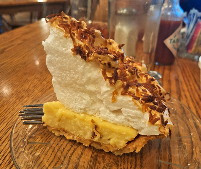 That coconut meringue pie defies gravity and good sense. Cloud-like meringue that would make your grandmother both proud and jealous.