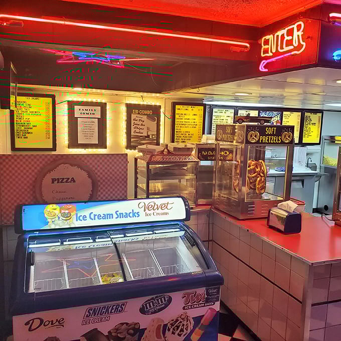 Ice cream treats, soft pretzels, and candy heaven&mdash;the concession stand interior is a time capsule of movie night delights.