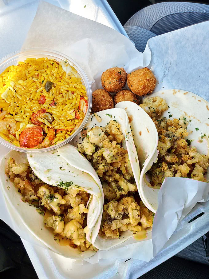 Seafood tacos and yellow rice&mdash;proof that sometimes the best ocean views come on a paper-lined tray rather than from an expensive beachfront restaurant. 