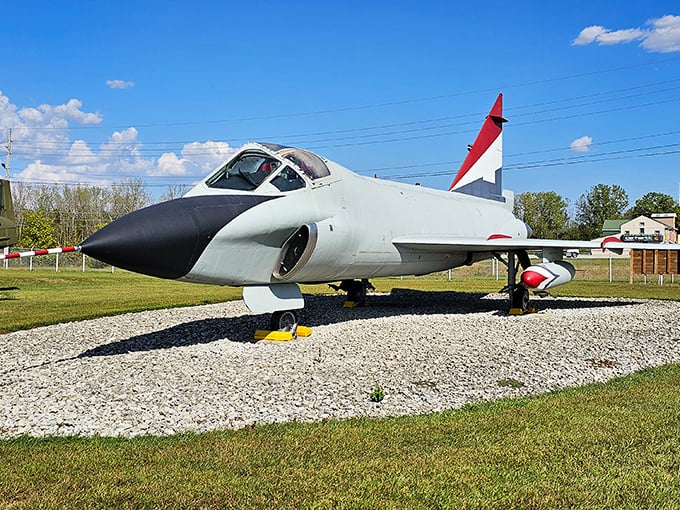 The sleek Convair F-102 Delta Dagger looks like it's breaking the sound barrier even while perfectly still—the aviation equivalent of a supermodel striking a pose.