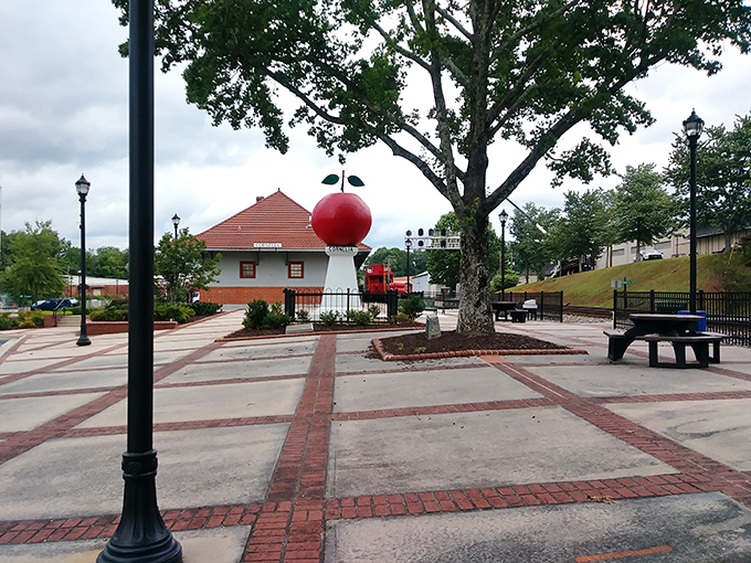 The beautifully preserved Cornelia Depot stands as a testament to the town's railroad roots, its red-tiled roof a distinctive landmark. 