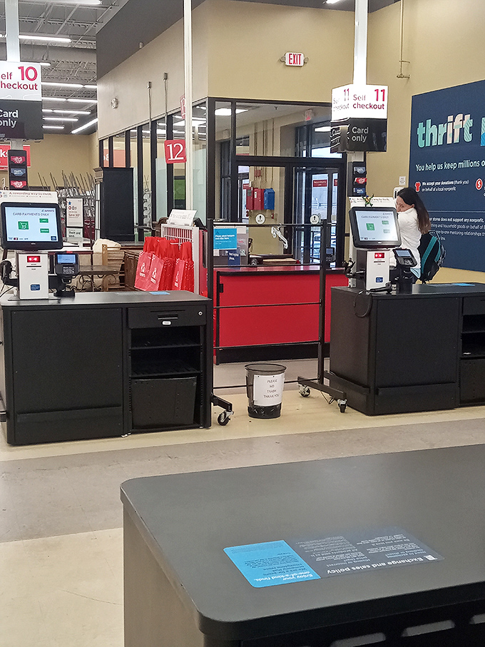 Self-checkout stations stand at the journey's end, where modest investments yield maximum satisfaction and style.