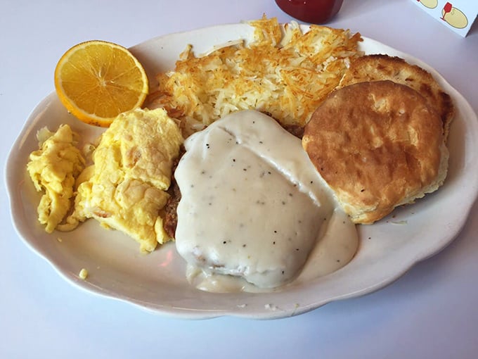 Country fried steak with creamy gravy, eggs, and hash browns&mdash;the breakfast equivalent of winning the lottery without having to share the ticket.