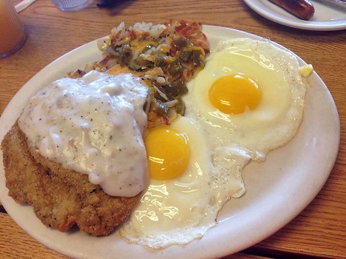 Country fried steak with gravy and sunny-side-up eggs&mdash;the breakfast equivalent of a warm hug from your favorite aunt who knows her way around a kitchen.
