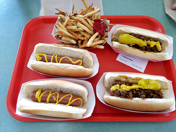 The classic American tray lineup &ndash; hot dogs, chili dogs, and fries. No filters needed for this kind of food porn.
