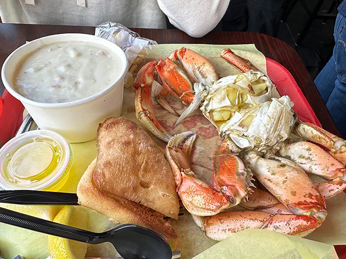 Dungeness crab and creamy chowder&mdash;a pairing so perfect it should have its own romantic comedy. The ciabatta bread plays a supporting role.