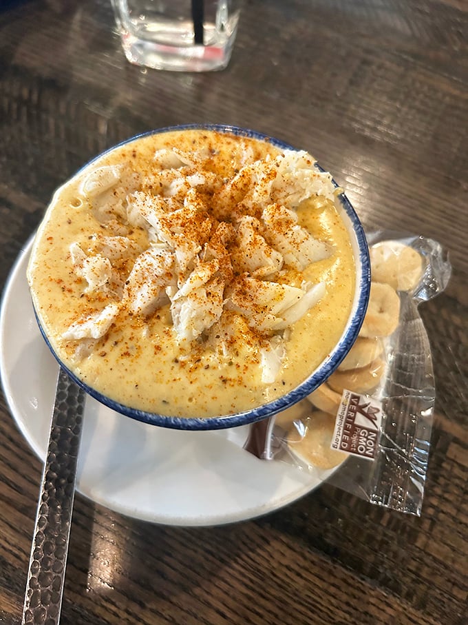 A bowl of cream of crab soup that could make even non-soup people reconsider their life choices. Each spoonful delivers a warm, velvety hug to your taste buds.