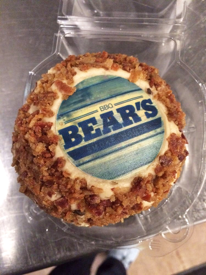 Not just any dessert, but a Bear's-branded sweet finale with what appears to be candied bacon—because bacon belongs everywhere.