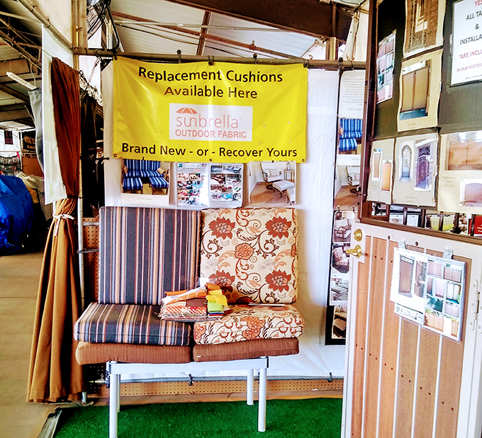 Patio cushion heaven! Because nothing says "I'm an adult" quite like getting genuinely excited about finding the perfect Sunbrella fabric for your outdoor furniture.