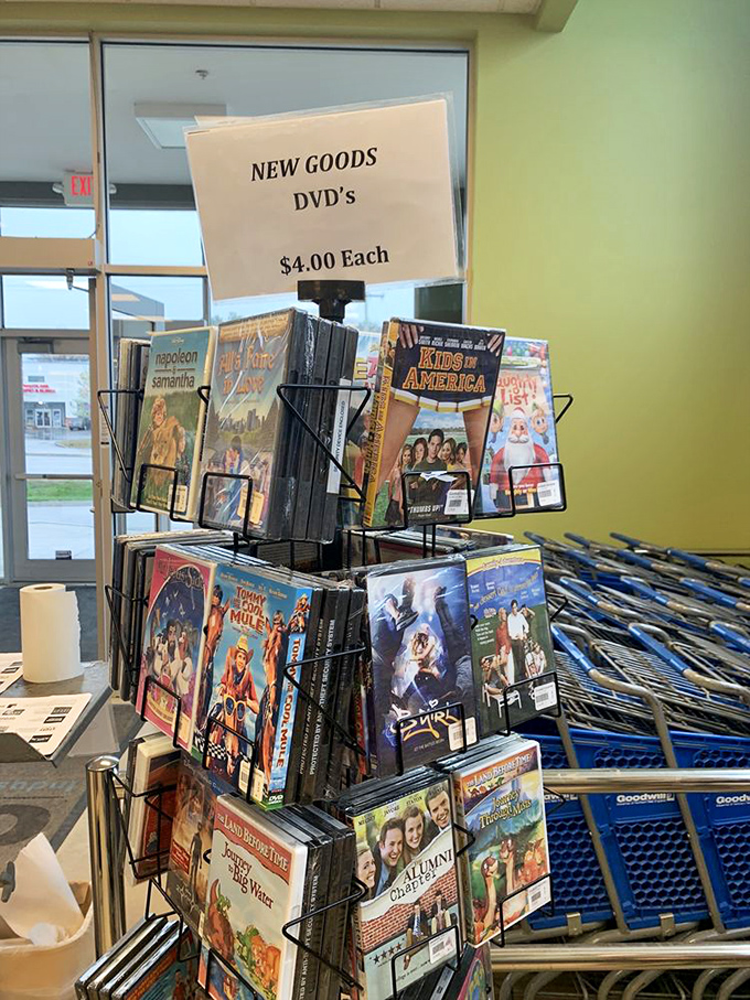 The DVD rack—a time capsule of entertainment where "Napoleon Dynamite" and "Kids in America" wait for their nostalgic revival.