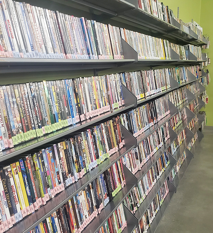 DVD shelves that remind us of Blockbuster's glory days, where $3 buys you a movie night without subscription fees or spotty Wi-Fi.