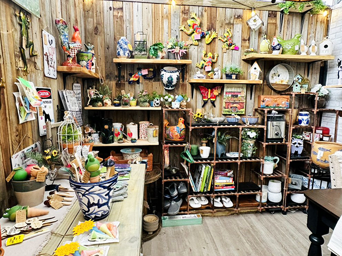 Shelves that tell stories: each ceramic rooster and vintage book represents someone's memories, waiting for a new chapter.