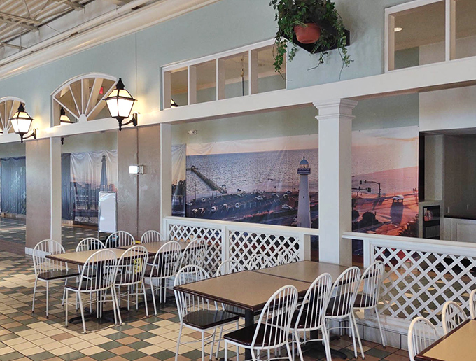 The food court's coastal-themed rest area, where tired shoppers refuel before round two of wallet-friendly retail therapy.