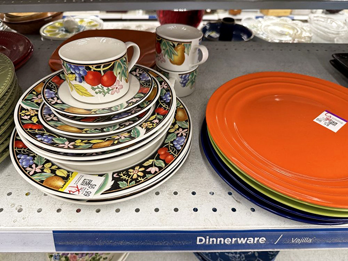 Dinnerware with personality! One person's abandoned fruit-festooned plates become another's "I totally meant to create this eclectic table setting."