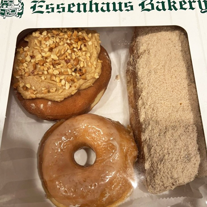 The donut trinity: glazed, topped, and powdered. A breakfast of champions or an afternoon pick-me-up that makes coffee feel special.