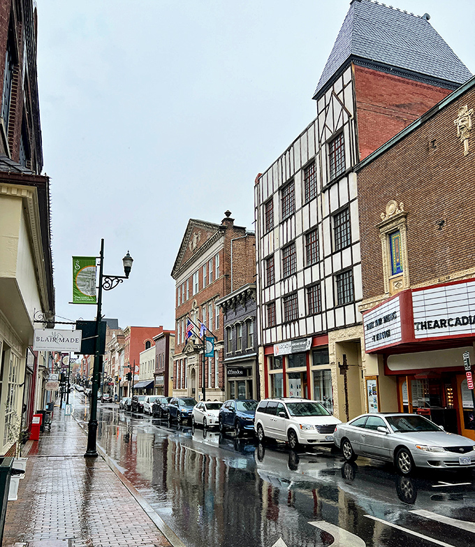 Rain-slicked streets transform downtown Staunton into a scene worthy of a movie set. Even the puddles here have historical significance.