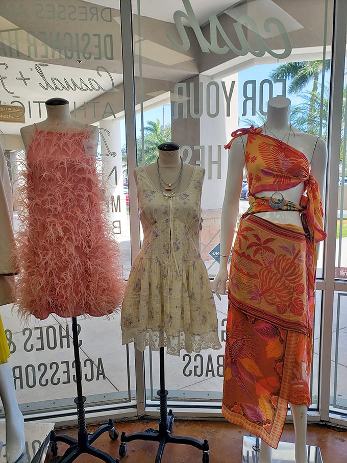 Window displays that rival Fifth Avenue boutiques, featuring feathery confections and tropical-inspired wraps perfect for Florida's endless summer nights.