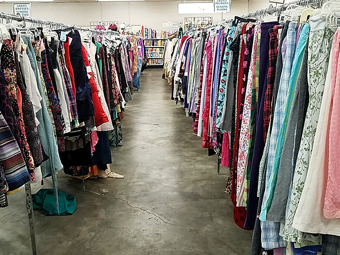 A kaleidoscope of patterns and fabrics tells the story of fashion through the decades. That floral dress definitely attended Woodstock.