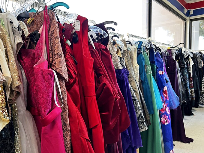 The formal dress section&mdash;where prom dreams from decades past await their second chance to shine at your next themed party.