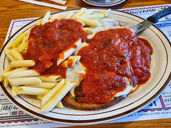 Italian-American heritage shines through every bite of this eggplant parmigiana and penne pairing. Red sauce this vibrant should have its own Pennsylvania zip code.