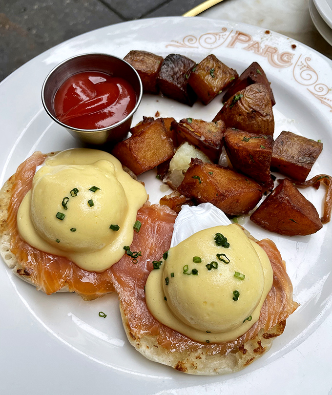 Eggs Benedict gets the Parisian treatment&mdash;smoked salmon, hollandaise as yellow as summer sunshine, and potatoes that would make a French grandmother proud.