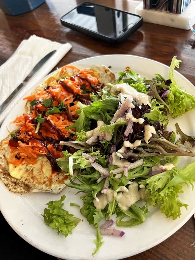 Breakfast meets global inspiration with this colorful plate. That fresh-squeezed orange juice isn't just a side &ndash; it's liquid sunshine.