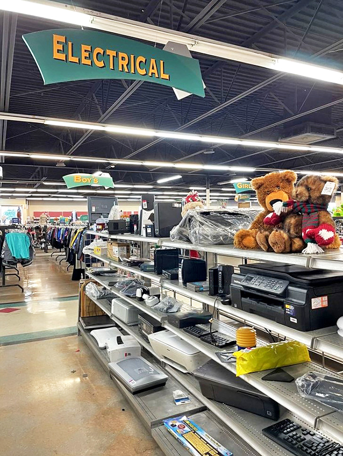 The electrical section: where vintage tech goes for its second act. Every calculator, printer, and teddy bear has a story.