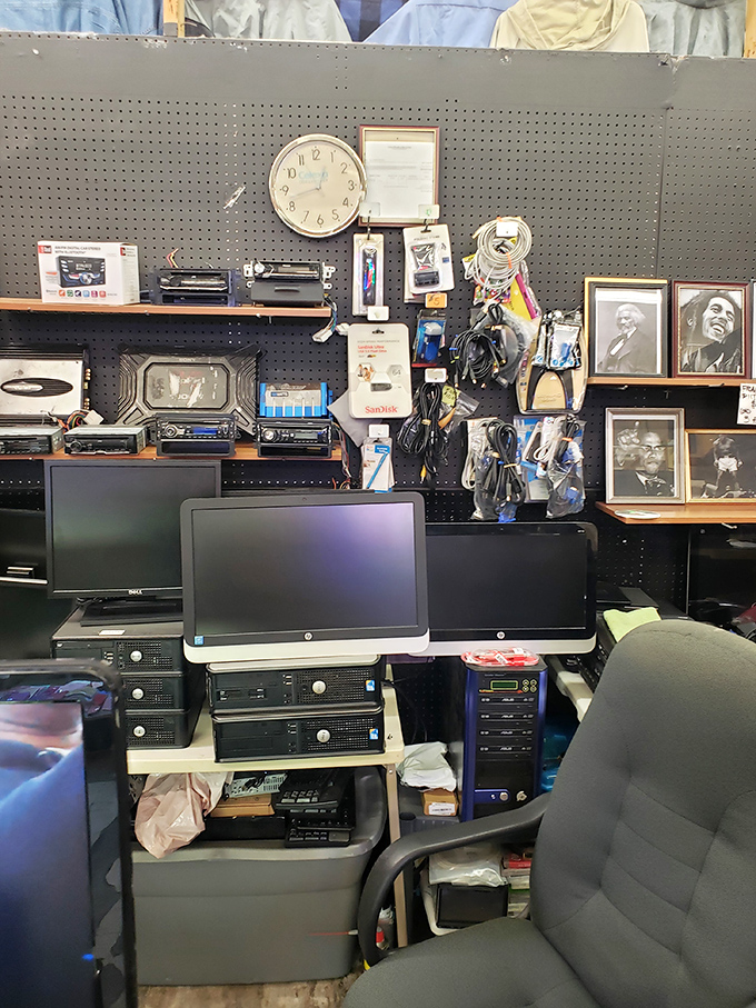 The electronics booth feels like time travel through technology. Those framed photos of music legends silently judge your outdated computer choices.