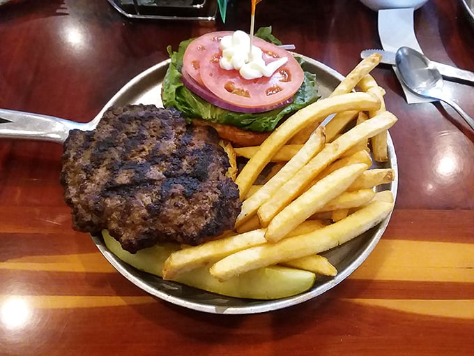 A burger that means business &ndash; thick patty, perfectly charred, with all the fixings. No tiny gourmet portions here!