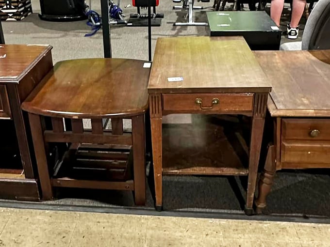 Solid wood end tables with character to spare&mdash;furniture from an era when things were built to outlast the mortgage.
