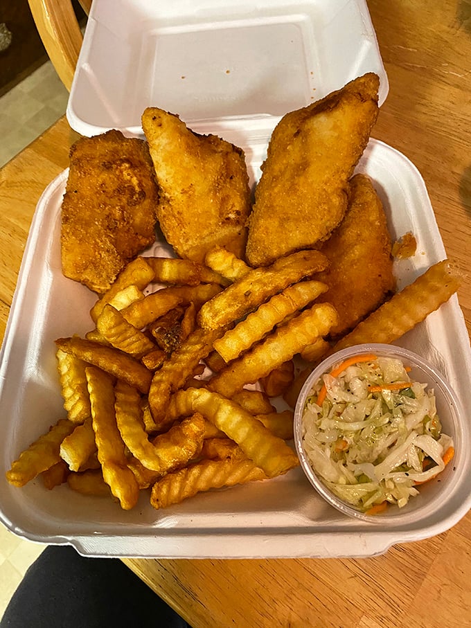 The to-go fish and chips proves some treasures travel well&mdash;golden perch fillets, crinkle-cut fries, and coleslaw that isn't an afterthought. 