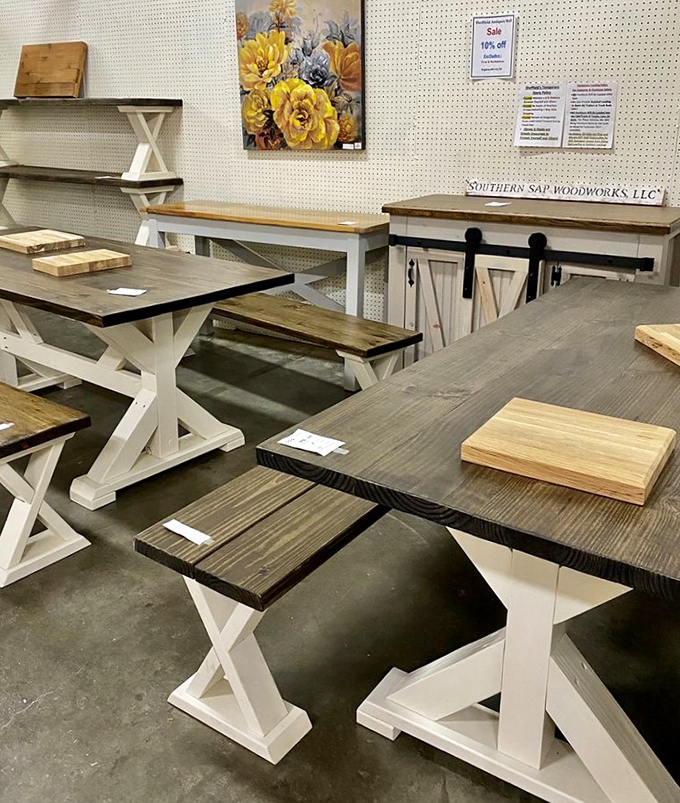 Farmhouse tables that would make Joanna Gaines weep with joy. Each X-base screams "family gatherings" louder than your aunt asking when you're getting married.