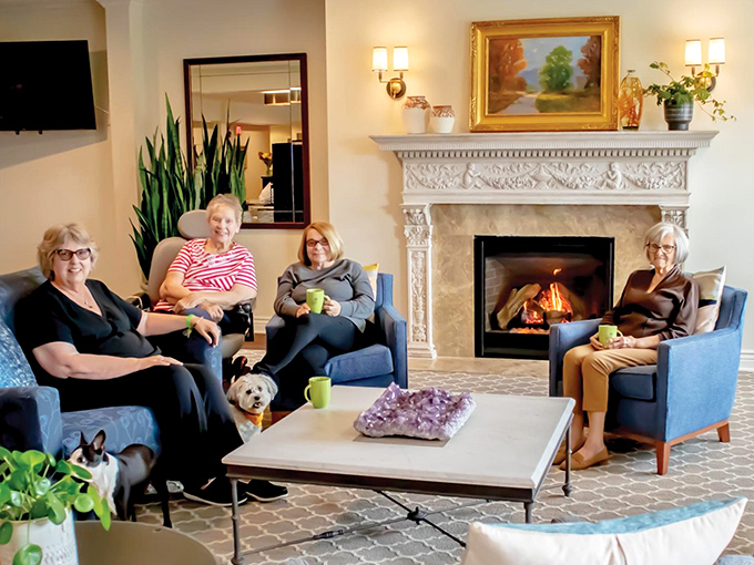 Nothing says "we're not in a nursing home" quite like elegant seating around a crackling fireplace. Even the pets are welcome!