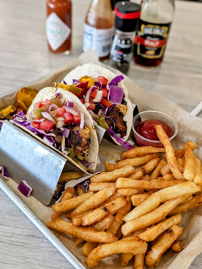 Fish tacos that strike the ideal balance between fresh and indulgent, with a rainbow of toppings that brighten both the plate and your day.