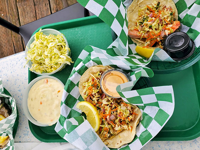 These fish tacos aren't just lunch, they're a coastal California handshake. The coleslaw adds crunch while the sauce whispers, "Welcome to paradise."