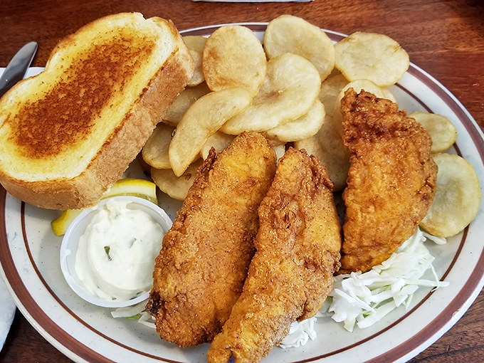 Fish and chips that would make a British pub jealous. That golden-ratio perfection of crispy exterior to flaky interior is what dreams are made of.