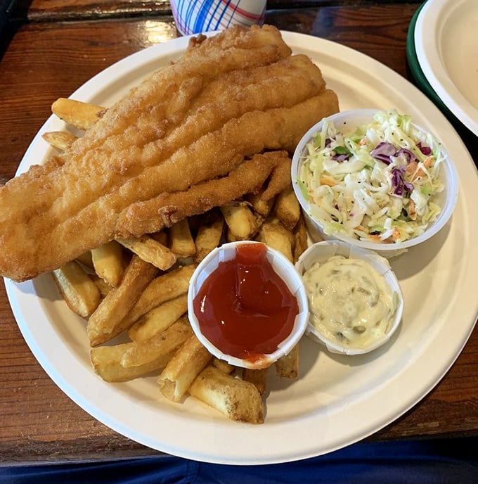 Fish and chips that would make a British pub jealous, with that perfect golden crunch that sounds like opportunity knocking.