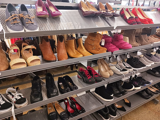 The shoe section: where barely-worn boots and pristine heels line up like hopeful contestants in a beauty pageant for your feet.