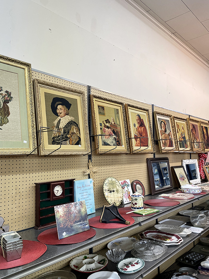 Wall art paradise! From needlepoint masterpieces to vintage prints, these frames hold someone's memories waiting to become your decor statement.