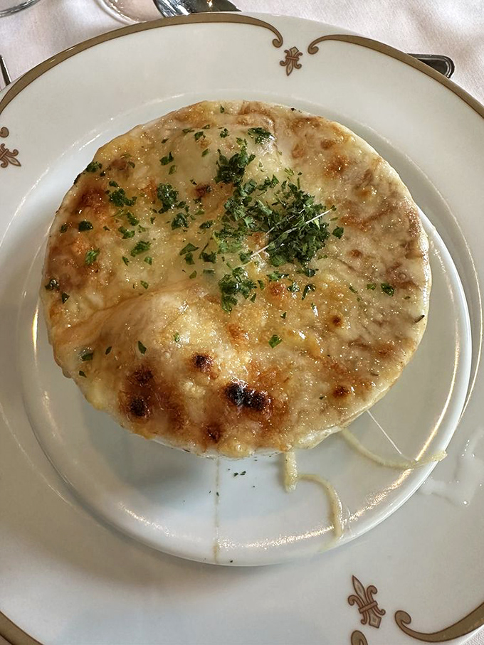 French onion soup that's achieved perfection: a golden crown of melted cheese that stretches with each spoonful, revealing the rich, savory broth beneath.