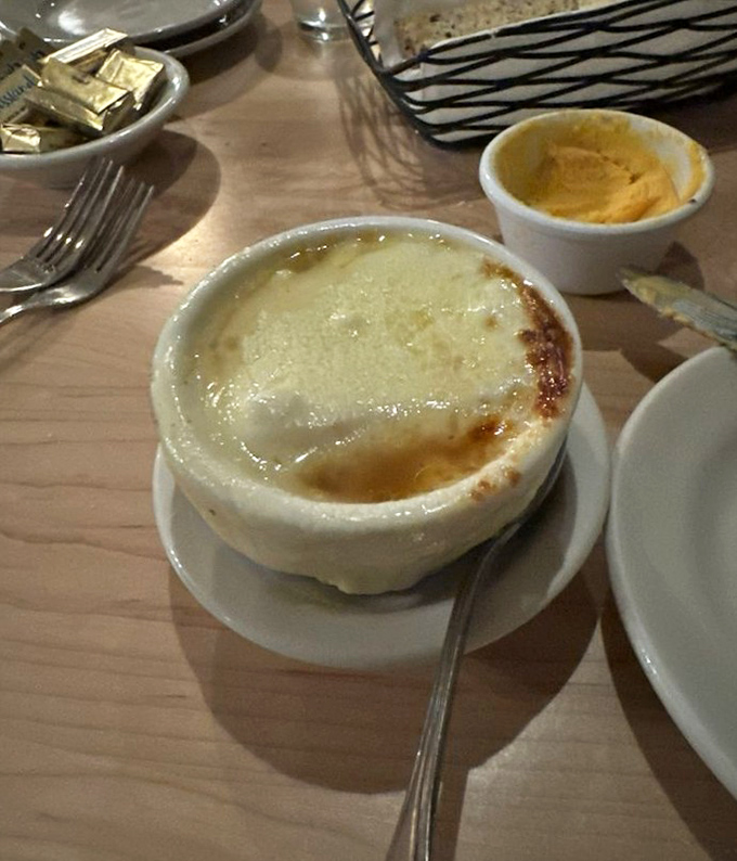 French onion soup wearing its cheese blanket like a cozy winter sweater you never want to take off.