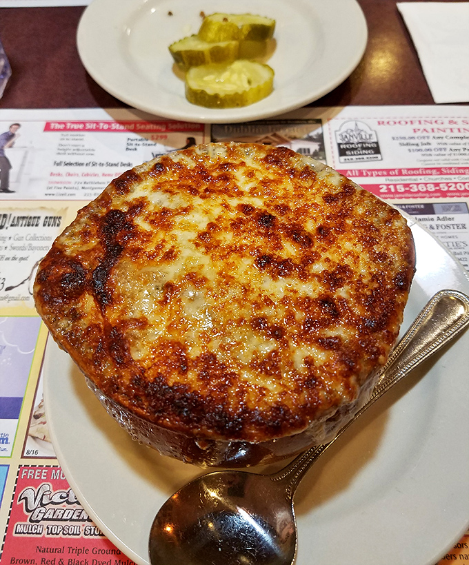 French onion soup topped with cheese so gloriously melted it deserves its own documentary series.